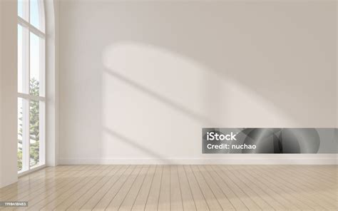 흰색 빈 방 Tihe 아치 창과 나무 라미네이트 바닥의 모형 태양 빛은 벽에 그림자를 캐스팅 최소한의 정화 디자인의 관점 3d 렌더링 모양에 대한 스톡 사진 및 기타 이미지