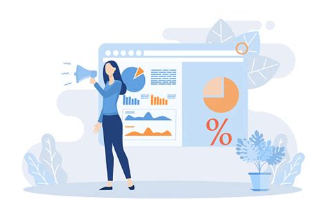 디지털 마케팅 그림입니다 캐릭터는 큰 확성기로 제품을 홍보하고 청중을 타겟팅하고 스마트 폰에서 마케팅 데이터를 분석합니다 마케팅 캠페인 개념입니다 평면 벡터 그림 개념에