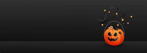 무서운 미소 사탕 거미와 비행 박쥐와 현실적인 3d 오렌지 호박 행복 할로윈 배너 수평 휴가 포스터 벡터 일러스트레이션 10월에 대한 스톡 벡터 아트 및 기타 이미지