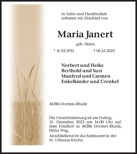 Traueranzeigen Von Maria Janert Sich Erinnern De