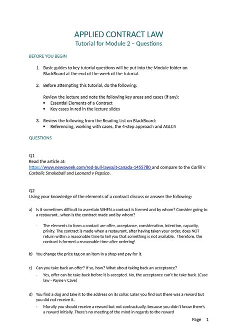 Module 2 Tutorial Questions Converted Page 1 Applied Contract Law