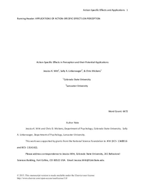 Pdf Action Specific Effects In Perception And Their Potential