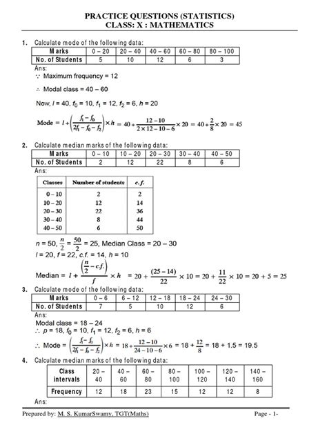 Practice Questions Statistics Class X Set 02 Answers Pdf