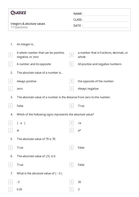 50 absolute value worksheets for 7th grade on quizizz free and printable