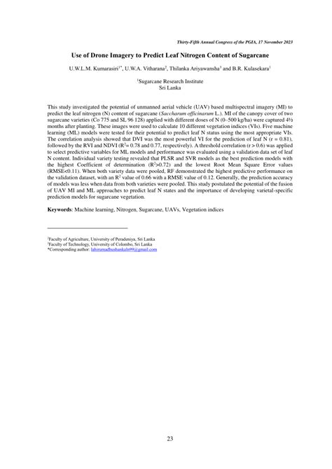 Pdf Use Of Drone Imagery To Predict Leaf Nitrogen Content Of Sugarcane