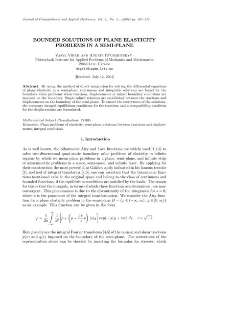 pdf bounded solutions of plane elasticity problems in a half plane