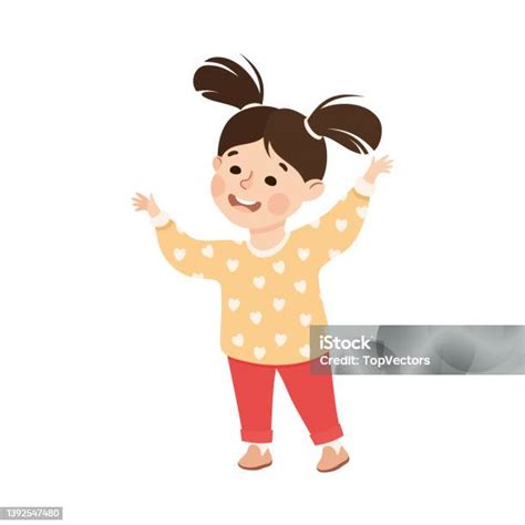 포니테일이 서있는 행복한 미소 짓는 소녀 캐릭터 누군가와 이야기하는 몸짓 벡터 일러스트 레이 션 귀여운에 대한 스톡 벡터 아트