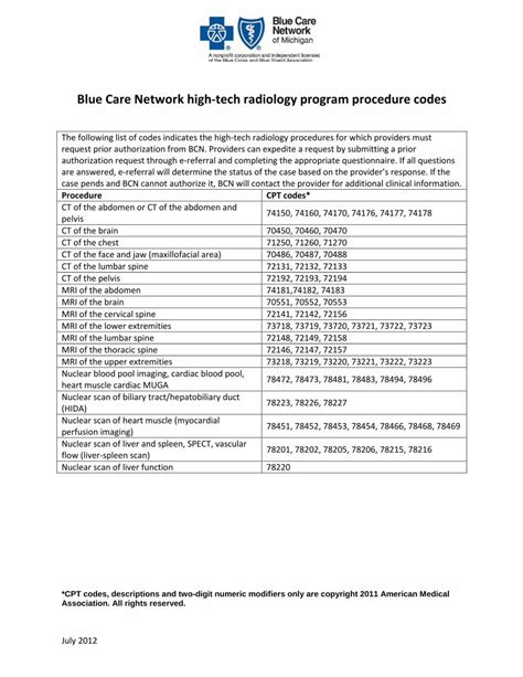 PDF High Tech Radiology Procedure Code Summary E Ereferrals Bcbsm Com Radiology Summary