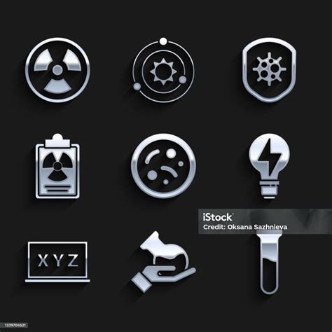 Set Bacteria Test Tube And Flask Light Bulb With Lightning Xyz Coordinate System Radiation