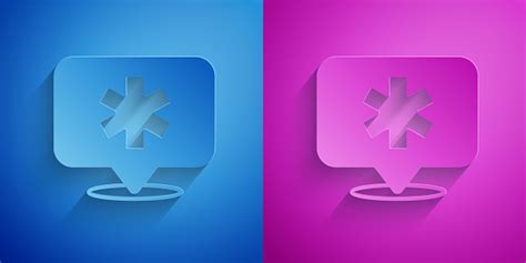 종이는 파란색과 보라색 배경에 격리 된 교차 병원 아이콘의료지도 포인터를 잘라 종이 아트 스타일 벡터 3차원 형태에 대한 스톡