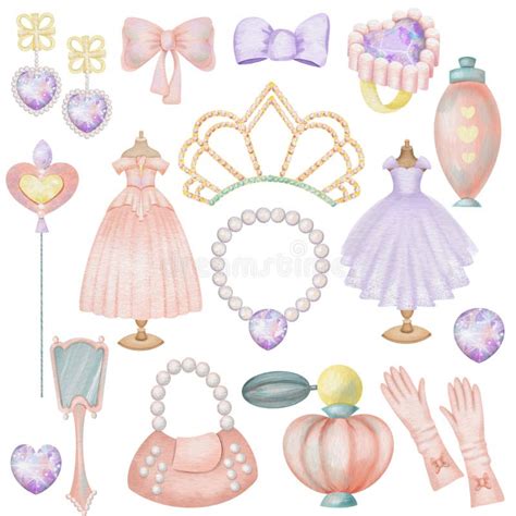 Set Of Watercolor Princess Elements Princess Dress And Accessories Stock Illustration