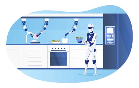 휴머노이드 로봇은 요리와 설거지 과정을 제어합니다 스마트 키친 컨셉 일상 생활에서 미래 지향적 인 기술 인공 지능 현대 부엌