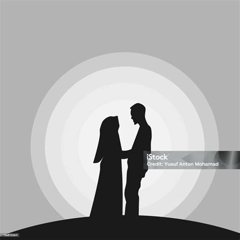 밤 하늘에서 달빛에 대한 언덕에 서 있는 부부의 실루엣벡터 그림은 텍스트와 이미지를 위한 복사 공간이 비어 있습니다 사랑에 대한
