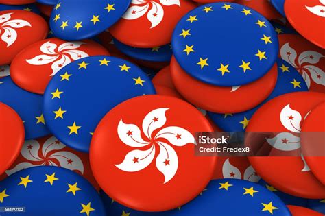 홍콩 및 유럽 배지 배경홍 Kongese 및 유럽 플래그 단추 3 차원 일러스트 레이 션의 더미 0명에 대한 스톡 벡터 아트 및 기타 이미지 Istock