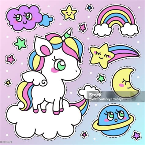 장식 패션 패치 배지 또는 핀의 집합입니다 유니콘 무지개 구름 별 반달 행성 0명에 대한 스톡 벡터 아트 및 기타 이미지 Istock