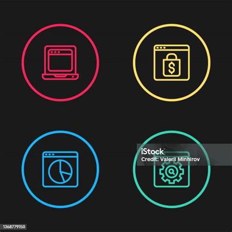 세트 라인 그래프 차트 인포그래픽 브라우저 설정 화면 및 브라우저 창 아이콘이 있는 랩톱에서 온라인 쇼핑을 설정합니다 벡터 0