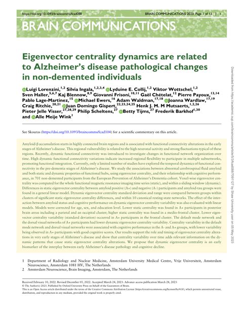 Pdf Eigenvector Centrality Dynamics Are Related To Alzheimers