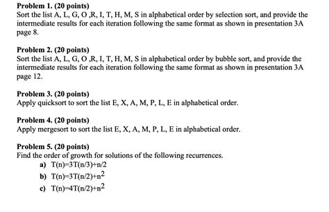 solved problem 1 20 points sort the list a l g o r i t h