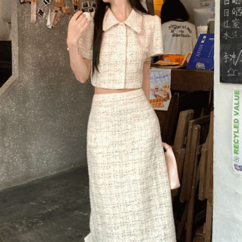 디어포텐 여름신상여름하객룩 베이지 카라 퍼프 반팔 크롭 트위드자켓플레어 롱스커트 트위드 투피스 셋업 세트 하객룩 데이트룩