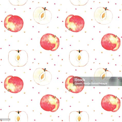 수채화 복숭아 반 복숭아 흰색 배경에 색상 점 원활한 패턴 당신의 디자인을위한 손으로 그린 다채로운 과일 끝없는 인쇄 건강한 생활방식에 대한 스톡 벡터 아트 및 기타 이미지