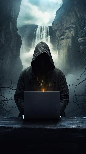 Premium Ai Image Hacker Typing On Laptop Anonymous Concept Generative Ai