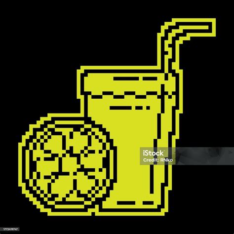 픽셀 실루엣 아이콘입니다 짚과 오렌지 슬라이스를 곁들인 상쾌한 감귤 주스 한 잔 여름 더위에 상쾌한 음료 단순 검은색과 노란색