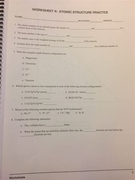 Solved Worksheet Atomic Structure Practice Name Due Chegg Worksheets Library