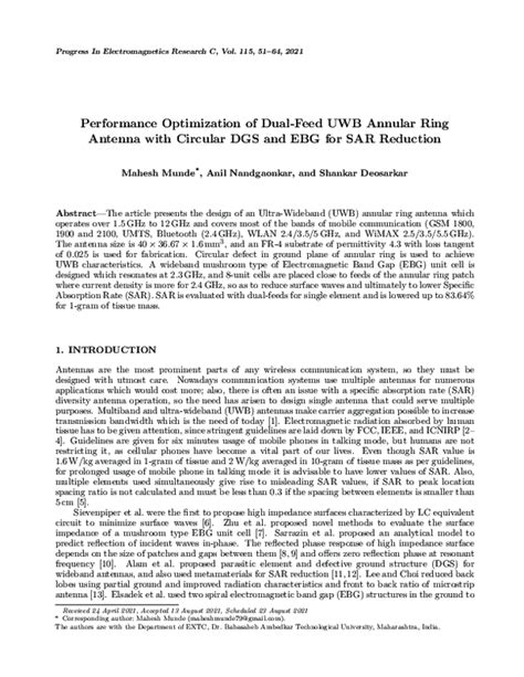Pdf Performance Optimization Of Dual Feed Uwb Annular Ring Antenna With Circular Dgs And Ebg