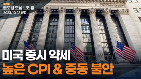 글로벌모닝브리핑 미 증시 Cpi와 지정학적 불안에 하락 마감ㅣ202310 13금 Youtube