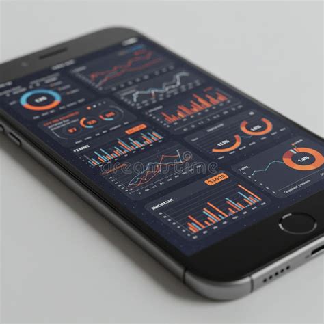 smartphone displaying a dark themed data analytics dashboard with