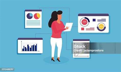 차트와 전자 메일 근처에 노트북을 가진 여자 통계 및 인포그래픽이 있는 대시보드 재무 보고서를 가진 분석가 개념에 대한 스톡 벡터 아트 및 기타 이미지 Istock