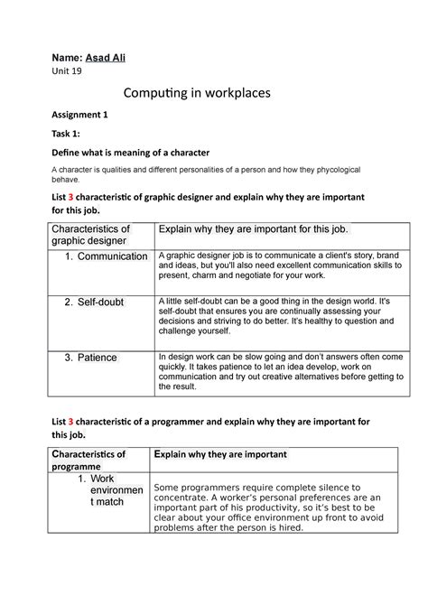Sample Assignment 1 Name Asad Ali Unit 19 Computing In Workplaces