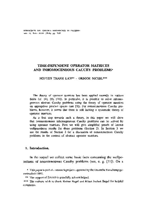 Pdf Time Dependent Operator Matrices And Inhomogeneous Cauchy Problems