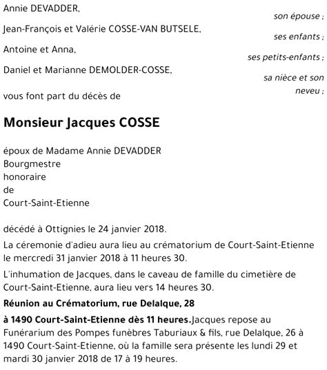 Avis De Décès De Cosse Jacques Décédé Le 24012018 à Ottignies Annonce Condoléances Fleurs