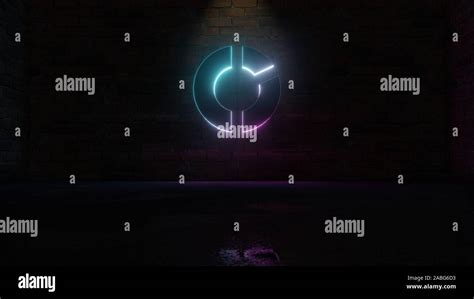 3d Rendering Of Blue Violet Neon Symbol Of Pie Chart With Two Slices On Dark Brick Wall