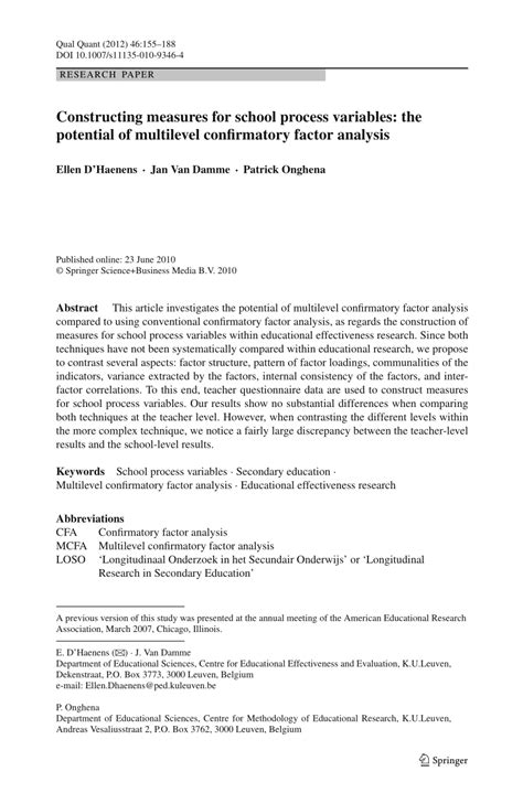 Pdf Constructing Measures For School Process Variables The Potential Of Multilevel