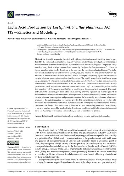 Pdf Lactic Acid Production By Lactiplantibacillus Plantarum Ac 11s—kinetics And Modeling