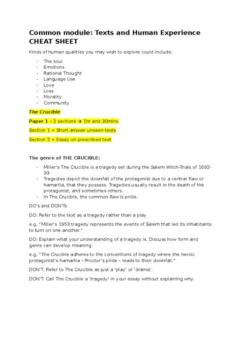 Common Module Texts And Human Experience Cheat Sheet For The Crucible