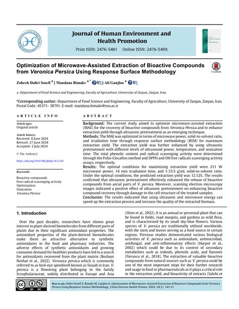 Pdf Optimization Of Microwave Assisted Extraction Of Bioactive Compounds From Veronica Persica