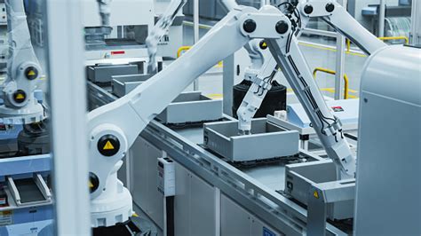 산업용 전자 장치를 제조하는 로봇 팔 컨베이어 라인의 3d 렌더링 정보 기술 산업을 위한 하이테크 제품을 생산하는 자동화된 Ai 조립 라인 0명에 대한 스톡 사진 및 기타