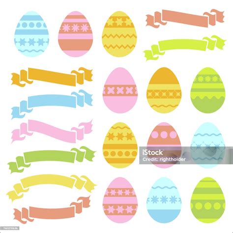 파스텔 고립 부활절 달걀과 흰색 배경에 리본 배너의 집합입니다 추상적인 스트라이프 패턴 간단한 플랫 벡터 그림입니다 엽서 광고 잡지 웹 사이트의 장식에 적합합니다 4월에