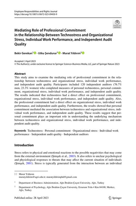 Pdf Mediating Role Of Professional Commitment In The Relationship Between Technostress And