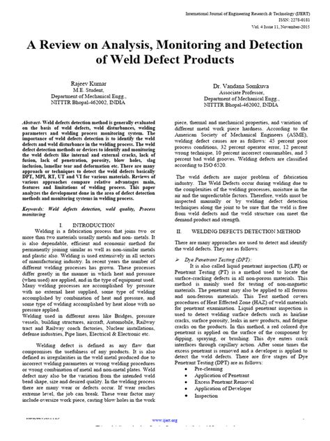 A Review On Analysis Monitoring And Detection Of Weld Defect Products Ijertv4is110556 Pdf