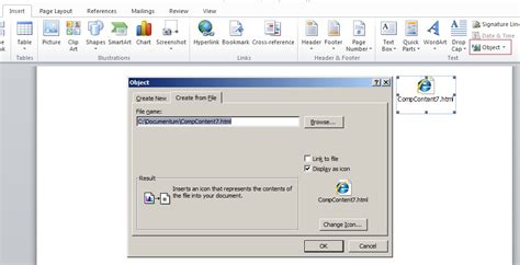 c how to insert a html file as such that an object icon that links
