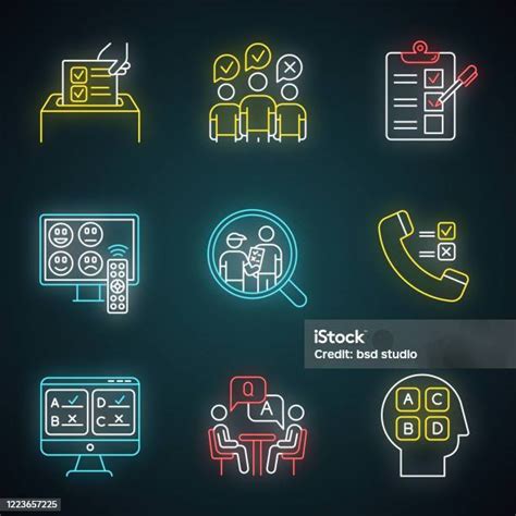 측량 방법 네온 라이트 아이콘 세트 전화 온라인 설문 조사 평가 인터뷰 여론 고객 만족 검토 피드백 평가 빛나는 징후 벡터 절연 일러스트레이션 검사 보기에 대한 스톡 벡터
