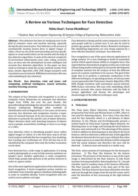 Irjet A Review On Various Techniques For Face Detection Pdf