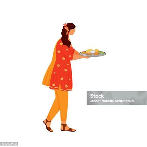 여성 인도 착용 사리 플랫 컬러 벡터 얼굴 없는 캐릭터 전통적인 옷을 입은 여자 인도 식으로 탈리를 들고 있는 소녀 웹 그래픽 디자인 및 애니메이션을 위한 고립된 만화