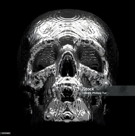 초현실적 인 무서운 으스스한 소름 끼치는 두개골이 어두운 곳에서 고립 된 검은 색 배경에 왼쪽에 대비가 빛나는 빛과 함께 추상 예술의 3d 렌더링 할로윈의 상징 개념에 대한