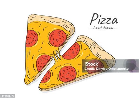 살라미 소시지와 치즈를 곁들인 페퍼로니 피자 조각의 벡터 손으로 그린 스케치 일러스트레이션 피자에 대한 스톡 벡터 아트 및 기타