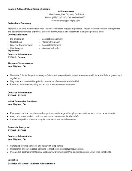 Contract Administration Resume Example
